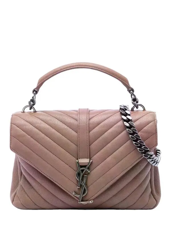 Saint Laurent Medium Chevron Sheepskin Monogram College Satchel - Brown