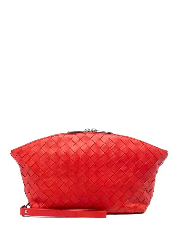 Bottega Veneta Nappa Intrecciato Wristlet Pouch Clutch Bag - Red