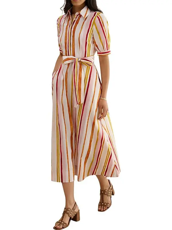 HOBBS LONDON Striped Midi Shirt Dress - Ivory Multi