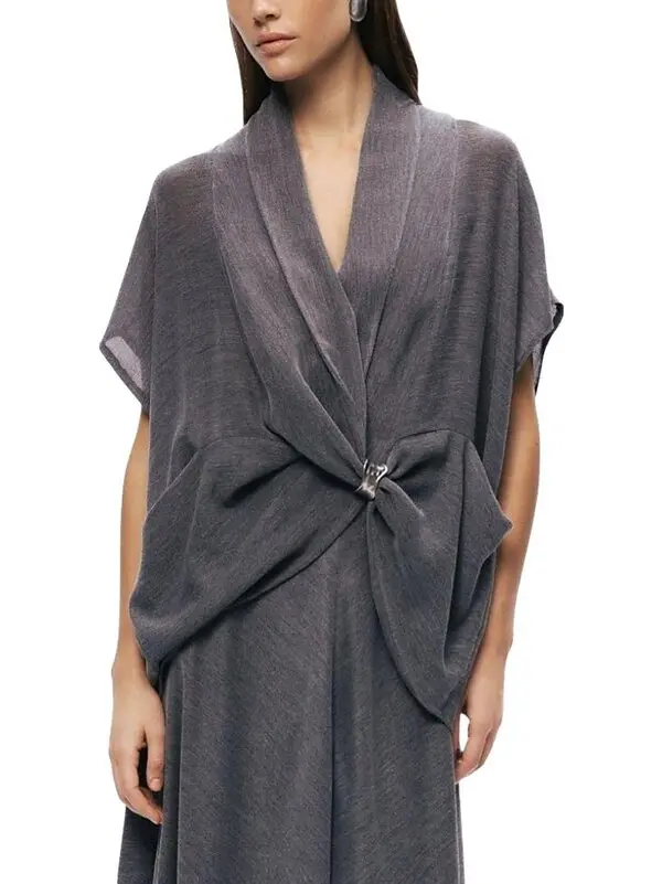 NOCTURNE Draped Wrap Blouse With Refined Metal Detail - Grey