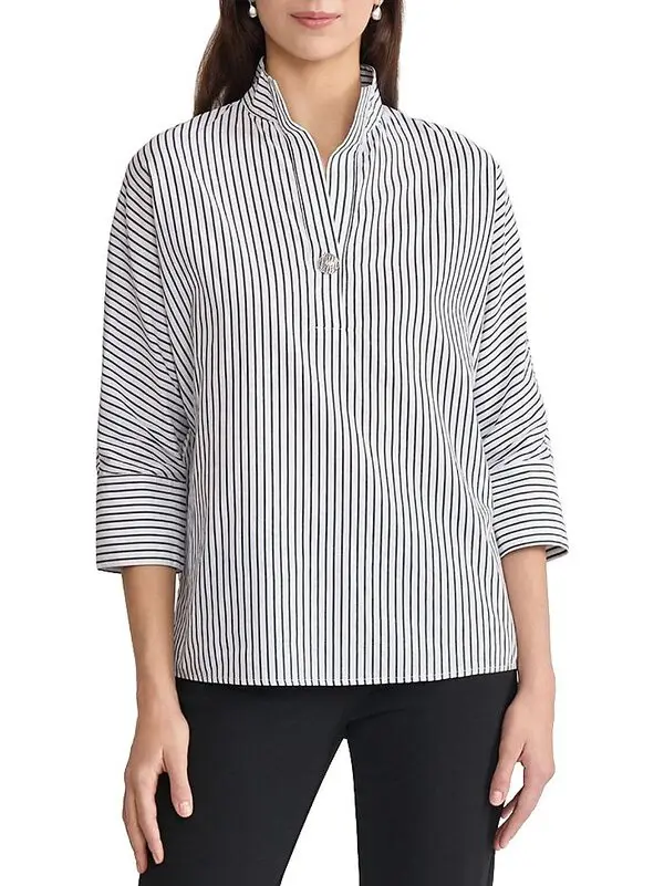 Ming Wang Pinstripe Dolman Sleeve Cotton Blouse - Black/white
