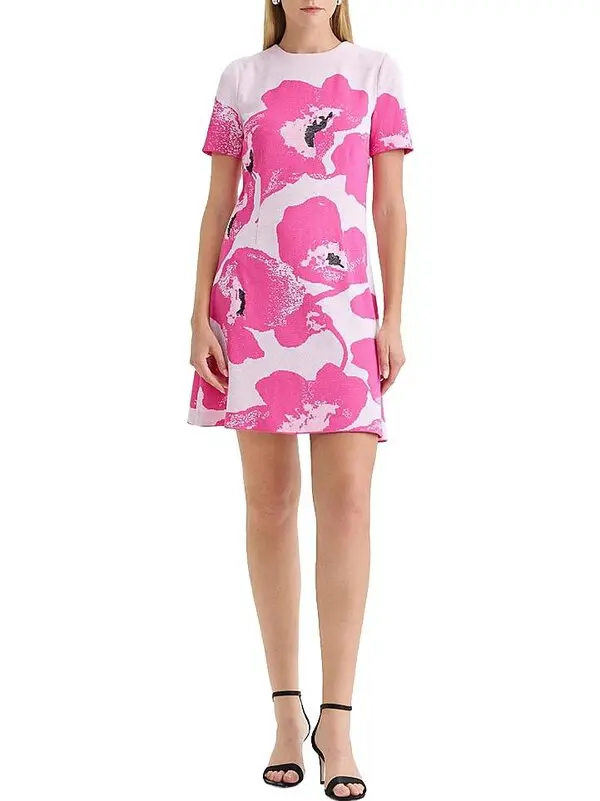 Ming Wang Floral Jacquard Soft Knit A-line Dress - Carmrose/white/perfpink/black