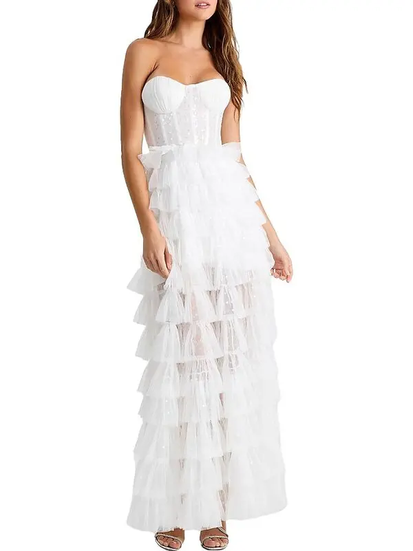 HELSI Sequin Tulle Strapless Bustier Gown - Off White