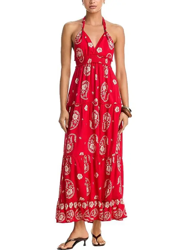 Aqua Paisley Print Halter Maxi Dress - Red/ivory