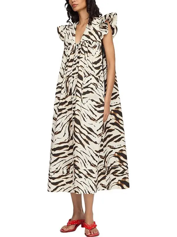 GANNI Printed Stretch Cotton Midi Dress - Egret