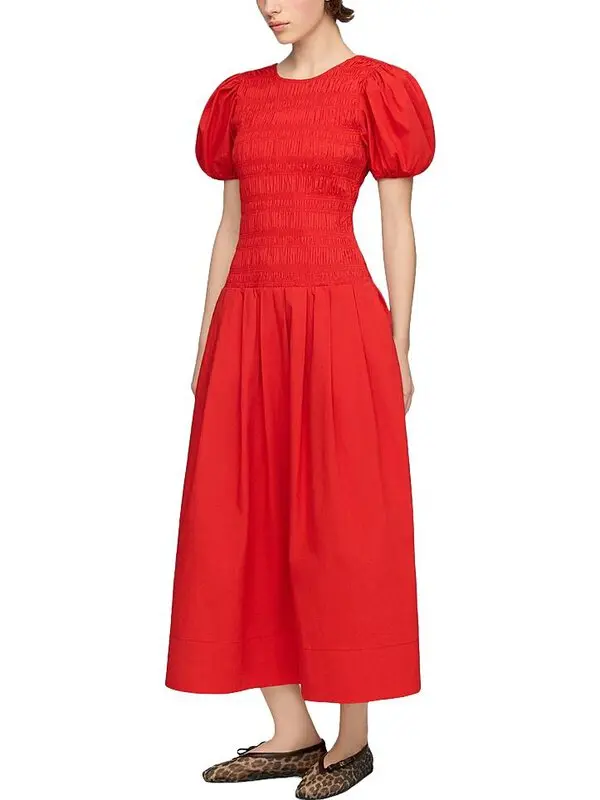 GANNI Smocked Cotton Dress With Puff Sleeves - Goji Berry