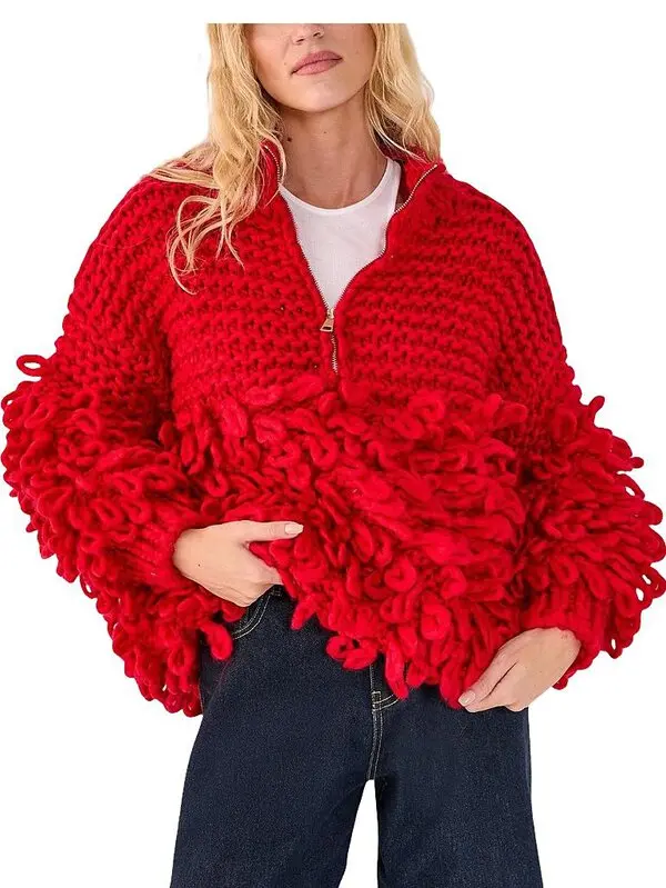 Nasty Gal Chunky Loopy Quarter Zip Sweater - Red