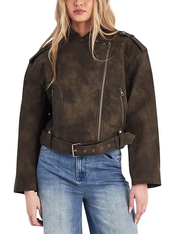 Nasty Gal Cropped Biker Jacket With Belt Detail - Olive