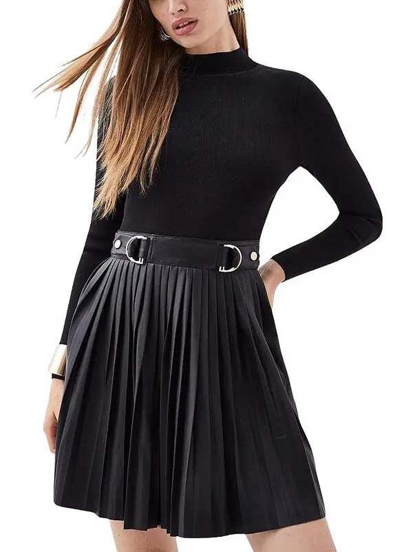Karen Millen Ribbed Knit High Neck Long Sleeve Skater Dress With Pleated Skirt - Black