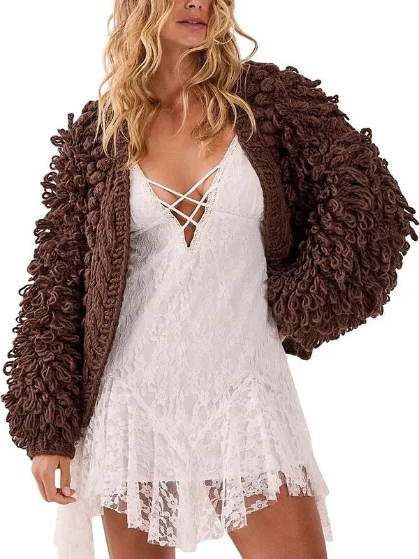 Nasty Gal Chunky Loop Yarn Knitted Cardigan - Chocolate