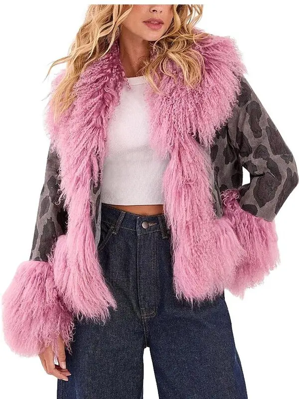 Nasty Gal Printed Shearling Leather Jacket - Charcoal
