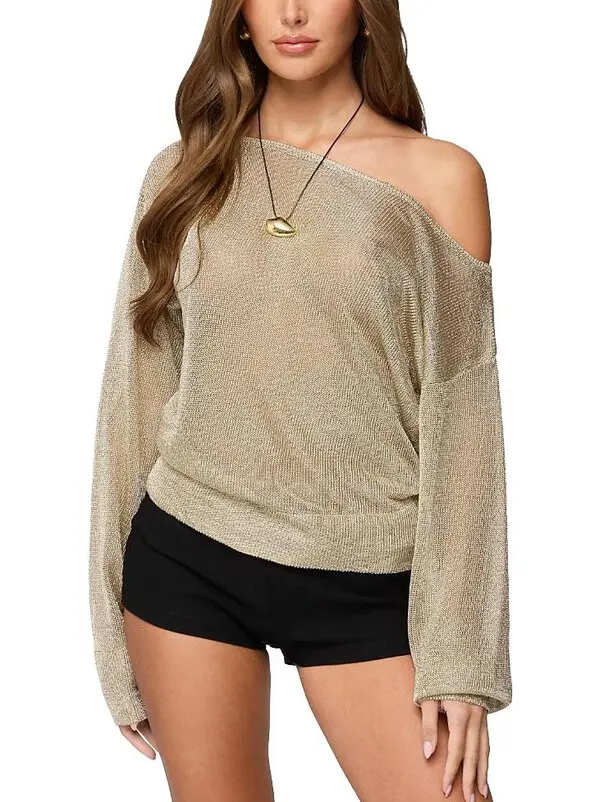 EDIKTED Charlo Off Shoulder Shiny Knit Top - Gold