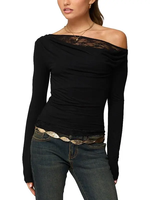 EDIKTED Off-shoulder Lace Trim Top - Black