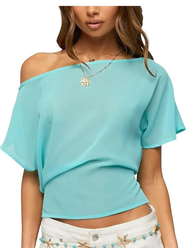 EDIKTED Sheer Chiffon Off Shoulder Top - Turquoise