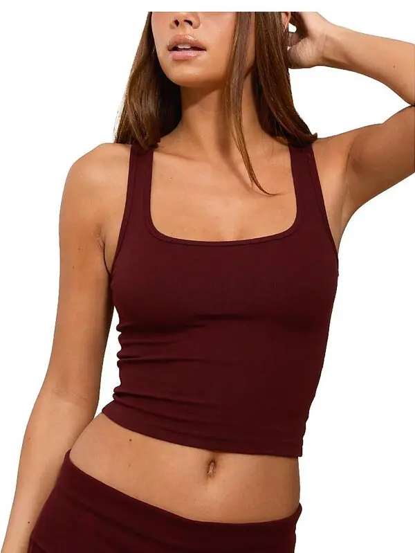EDIKTED Linda Ribbed Scoop Neck Tank Top - Burgundy