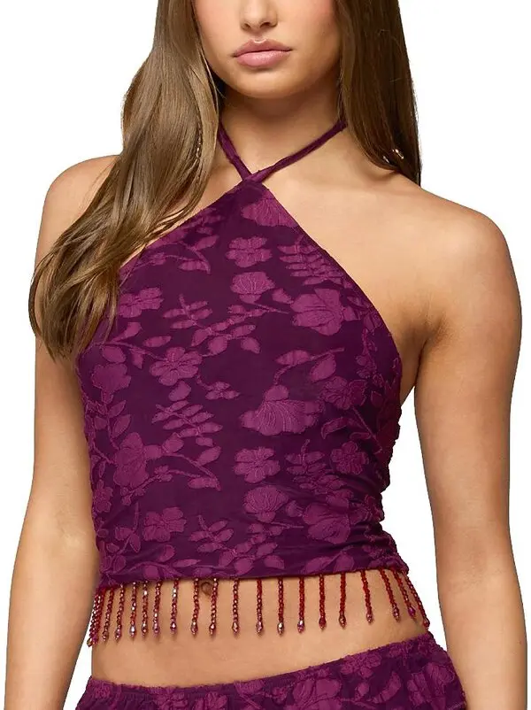 EDIKTED Keyla Bead Fringed Textured Halter Top - Plum