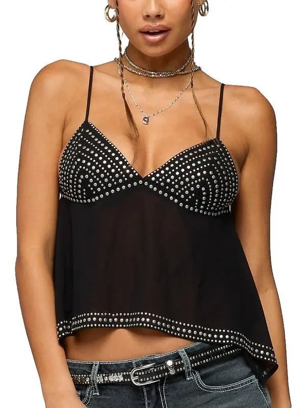 EDIKTED Embellished Asymmetrical Sheer Babydoll Top - Black