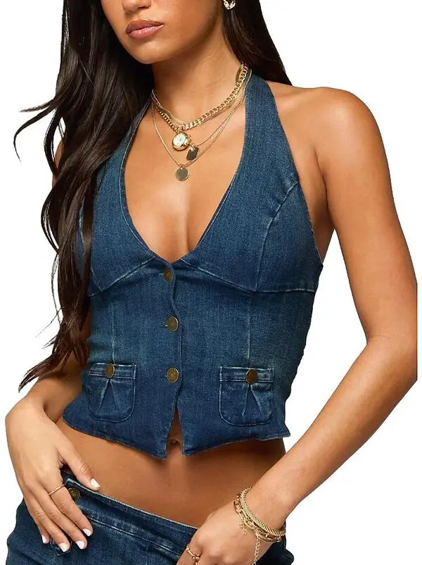 EDIKTED Sashe Button Up Denim Halter Top - Blue