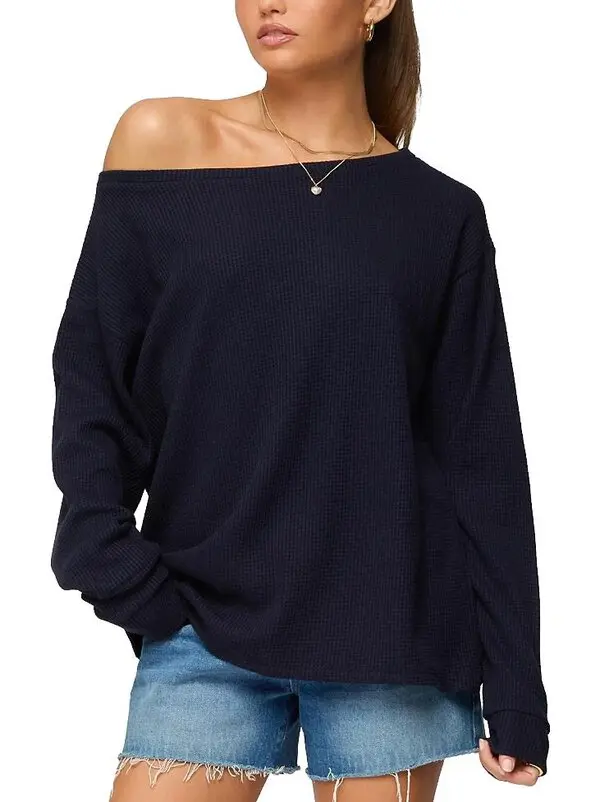 EDIKTED Damari Off Shoulder Oversized Waffle Top - Navy