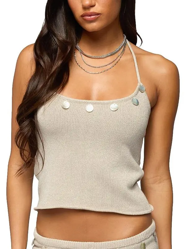 EDIKTED Iridescent Knit Halter Top - Beige
