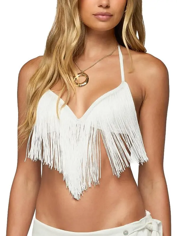 EDIKTED Kienna Fringed Bra Top - White