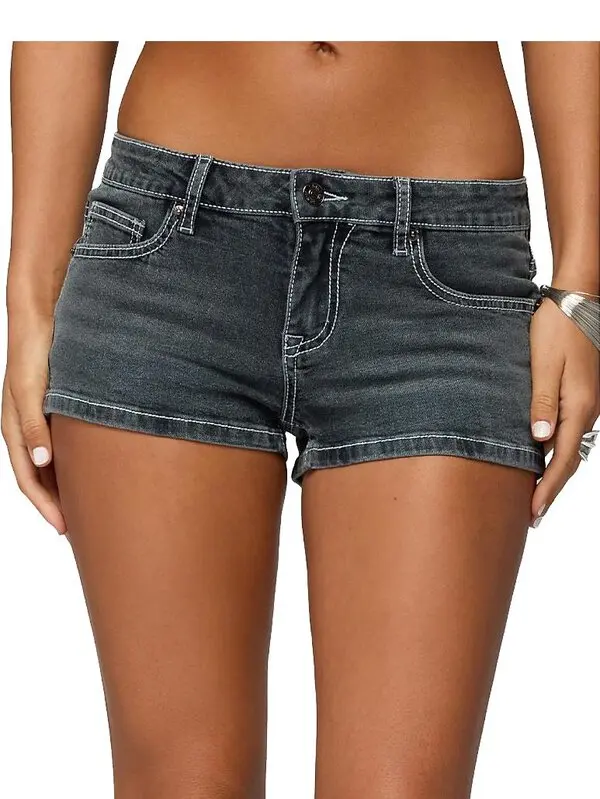 EDIKTED Whitlie Contrast Stitch Denim Micro Shorts - Blue-vintage-washed