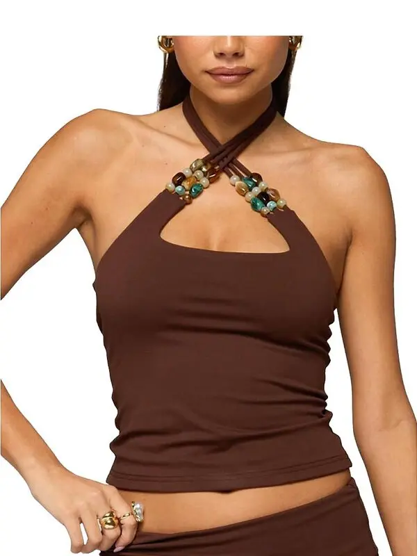 EDIKTED Thia Bead Halter Top - Dark-brown