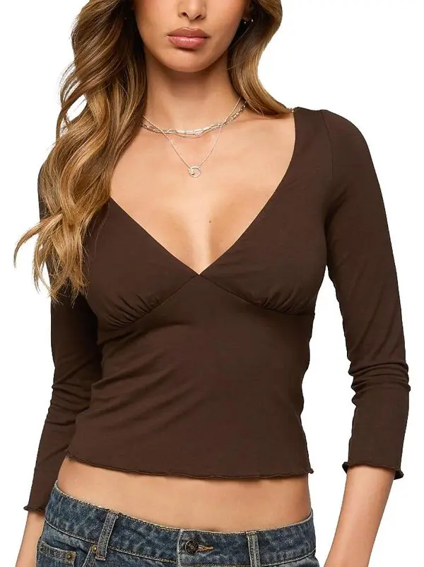 EDIKTED Cassisy Quarter Sleeve V Neck Top - Dark-brown