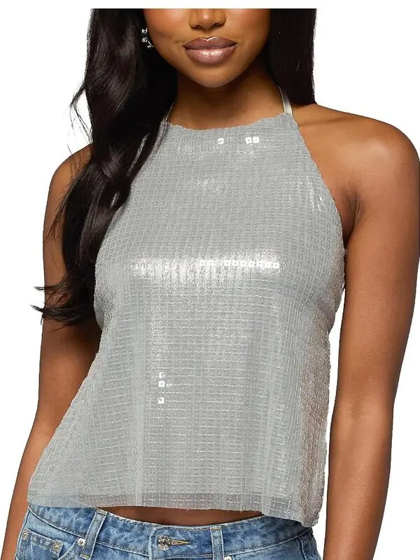 EDIKTED Itara Sequined Halter Top - Silver