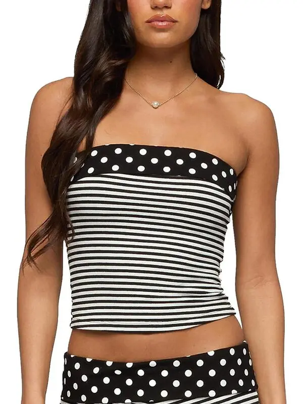 EDIKTED Presley Foldover Tube Top Striped And Polka Dot Design - Black-and-white