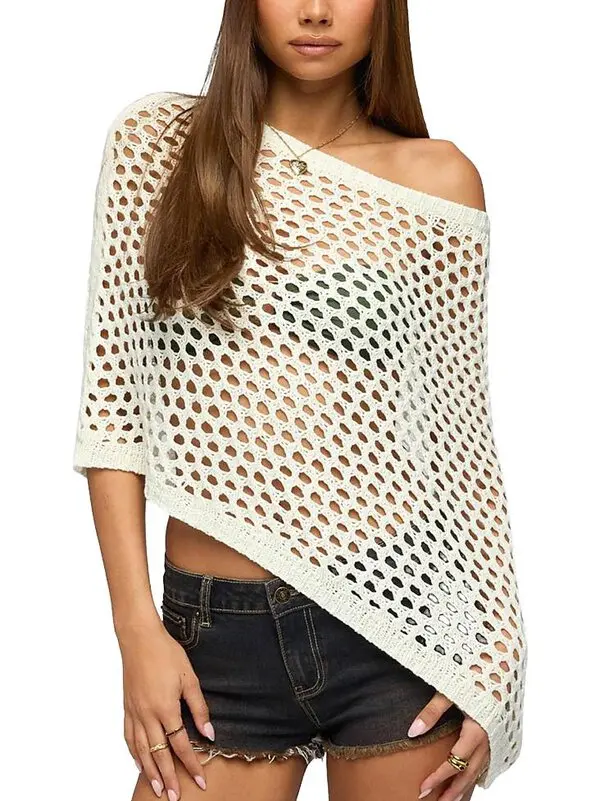 EDIKTED Cloe Off Shoulder Crochet Poncho - Cream