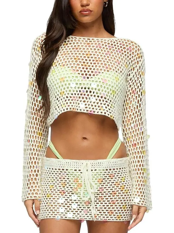 EDIKTED Kirah Sequin Crochet Top - Cream