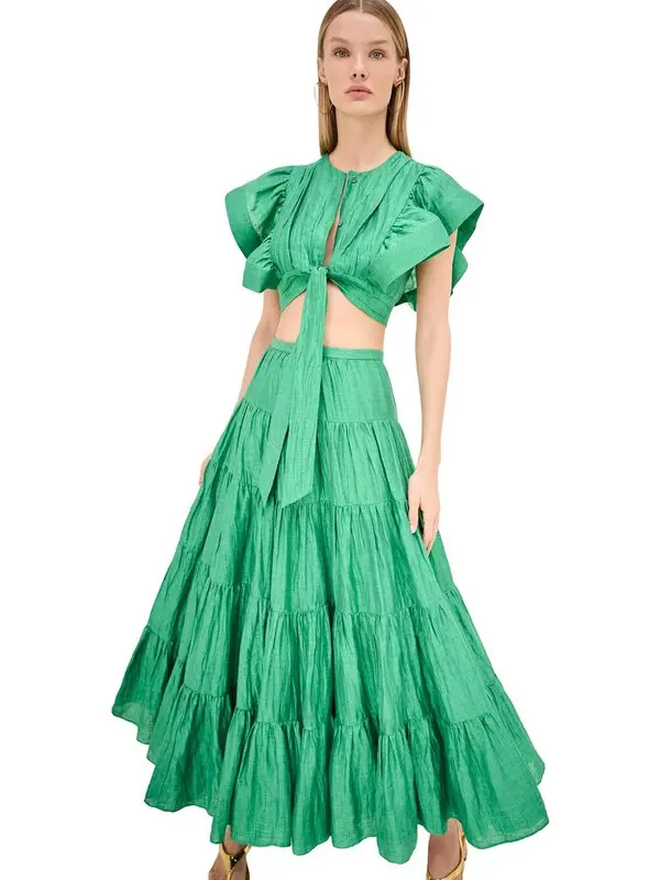 Alexis Varenna Ruffle Sleeve Tie-front Cropped Top - Emerald