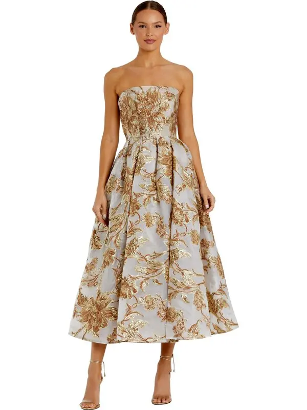 Mac Duggal Petite Strapless Brocade Midi Dress With Pockets - Bronze