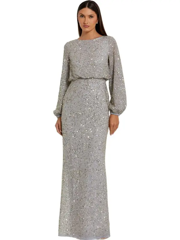 Mac Duggal Silver Sequin Blouson Long Sleeve Gown - Gray