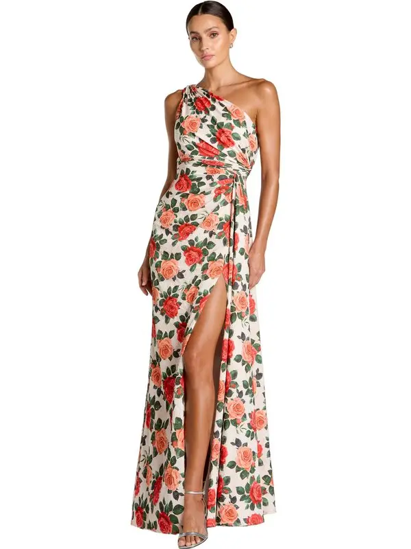 Mac Duggal One Shoulder Floral Gown With Slit - Red Rose
