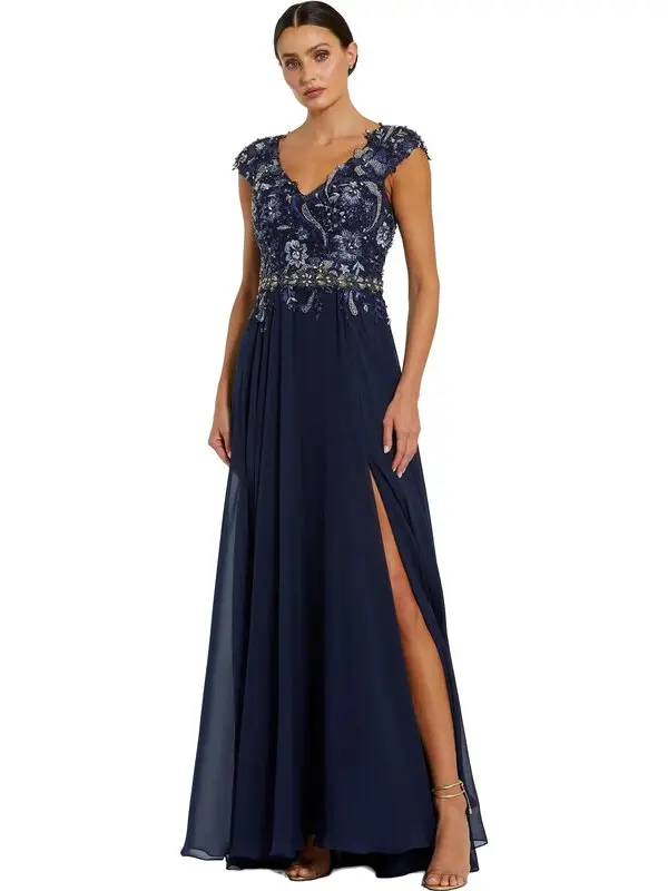Mac Duggal Embellished Chiffon Cap Sleeve A-line Gown - Navy