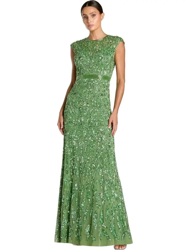 Mac Duggal Embellished High Neck Cap Sleeve Gown - Green