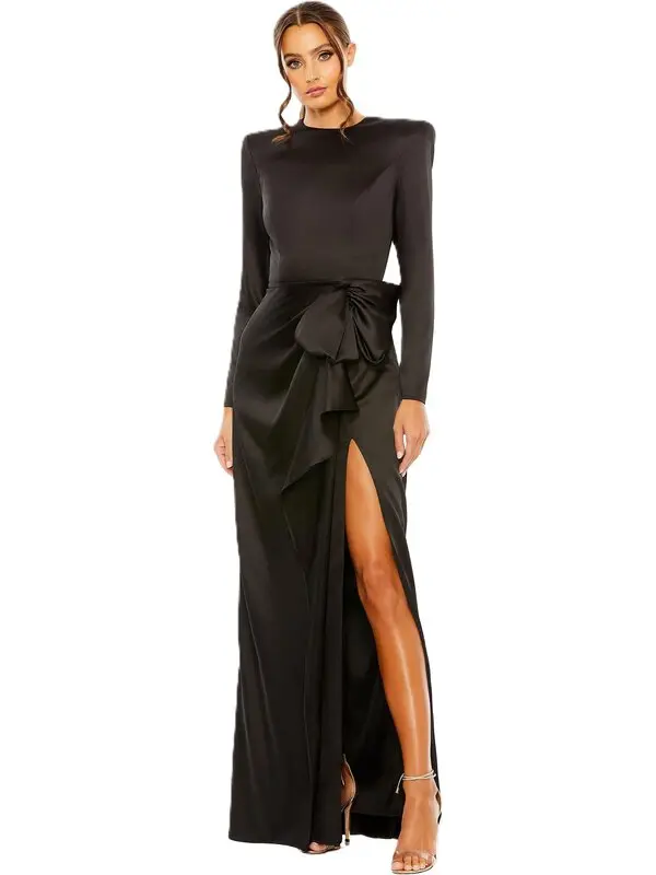 Mac Duggal Petite Long Sleeve Satin Gown With Structured Bow And Draping - Black