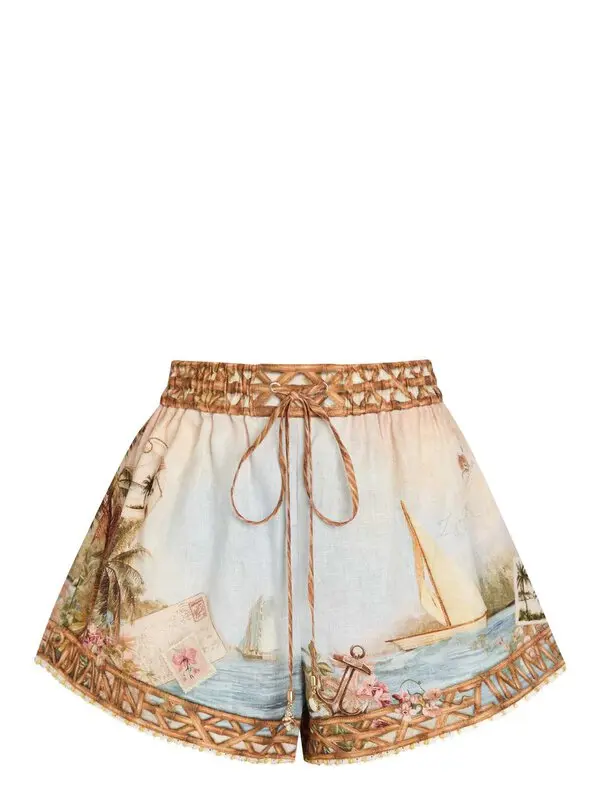 Zimmermann Printed Linen Shorts With Shell Embellishments - Multicoloured