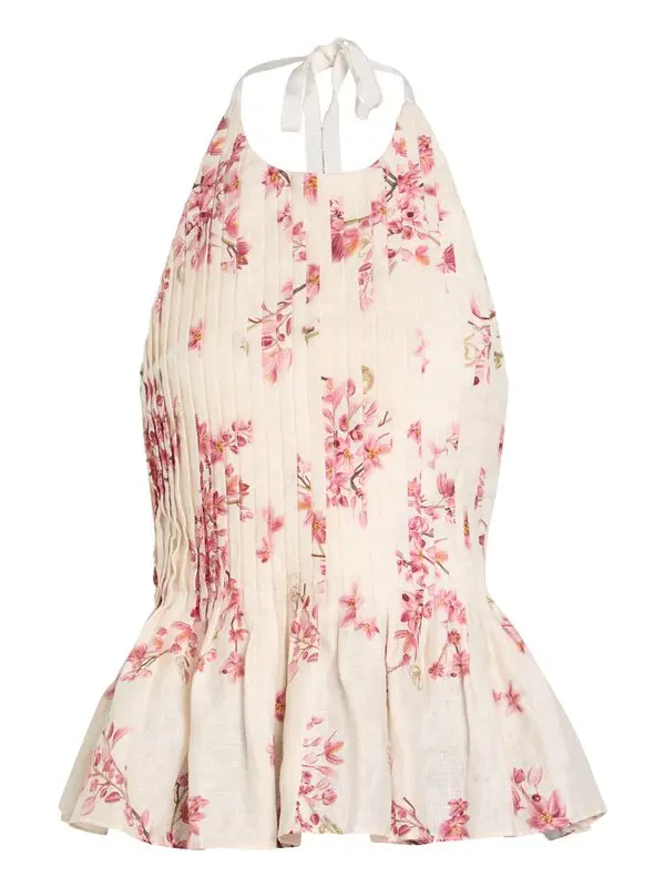 Agua Bendita Caña" Floral-print Linen Halter Neck Top With Peplum Hem - Multicoloured