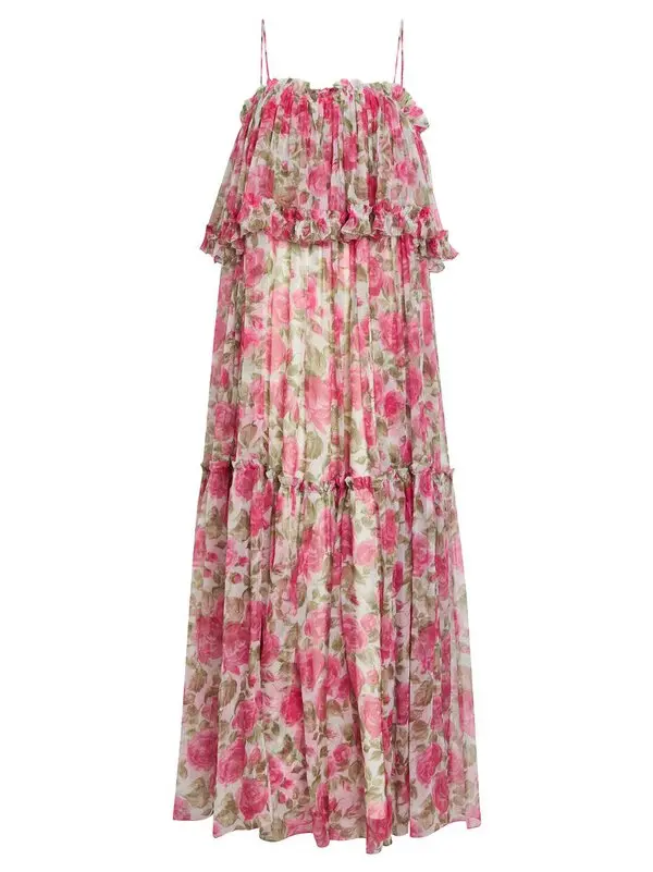 Chloé Floral Print Ruffled Silk-chiffon Maxi Dress - Pink