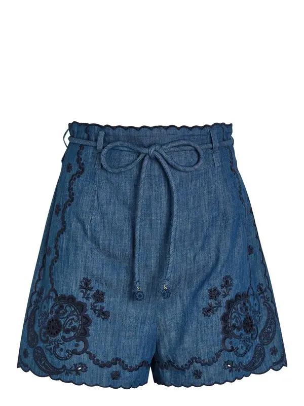 Zimmermann Aster Embroidered Belted Denim Shorts - Blue