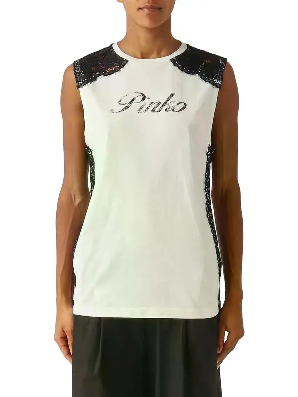 Pinko Lace-trim Logo Print Top - White