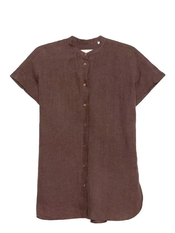 XACUS Nevil Short-sleeve Band-collar Blouse - Brown
