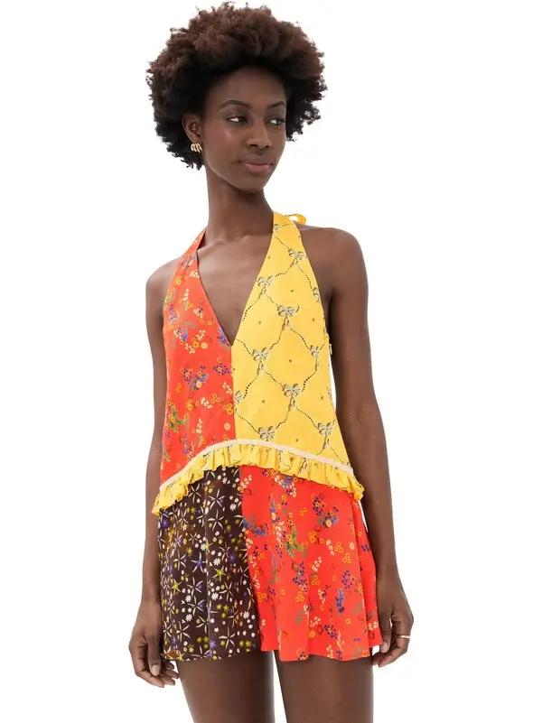SIEDRES Color Block Floral Print Halter Neck Romper - Multi