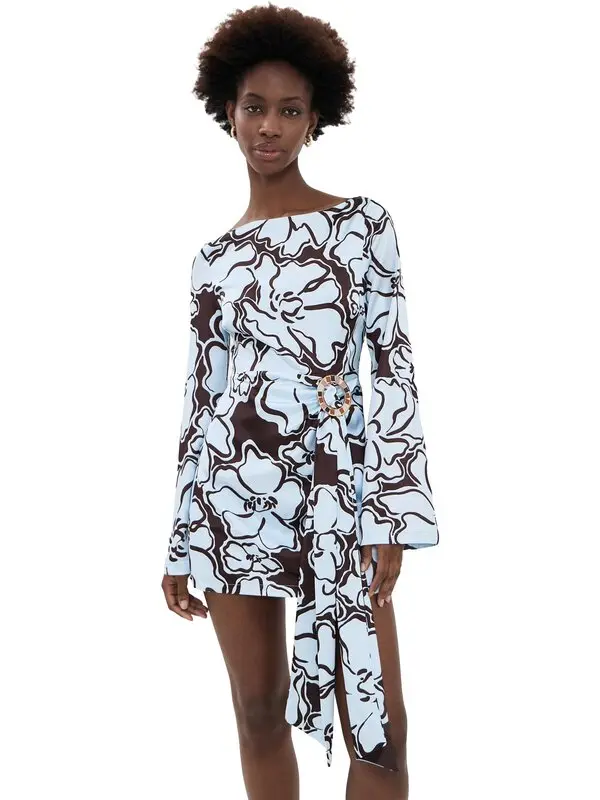 SEVEN WONDERS Kaeli Mini Dress With Floral Print And Bell Sleeves - Zara Florals Chocolate & Blue