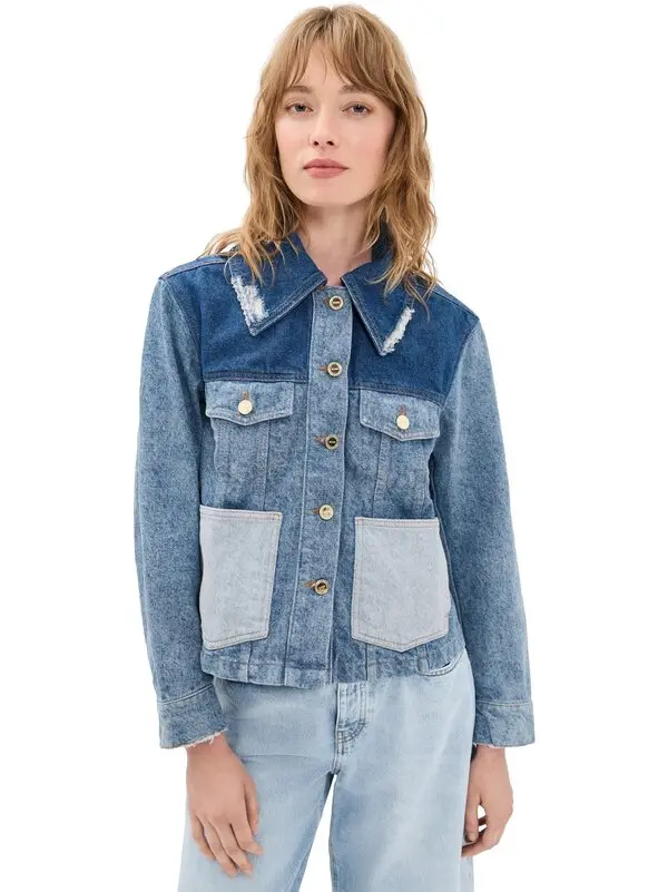 GANNI Patchwork Denim Trucker Jacket - Mid Blue Vintage