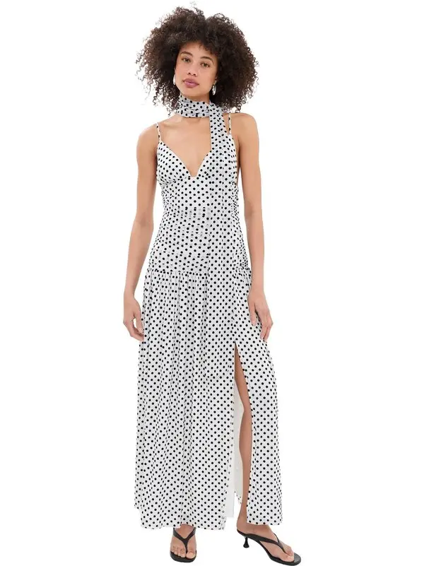 ANOTHER GIRL Polka Dot Mesh Maxi Dress With Scarf - White/black