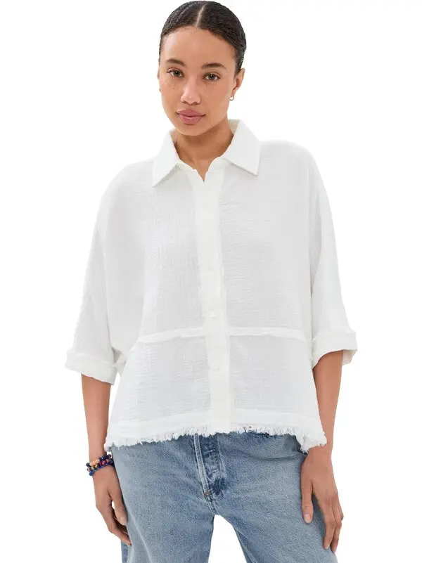 Free People Happy Days Gauze Shirt With Fringe Trim - Clean Ivory